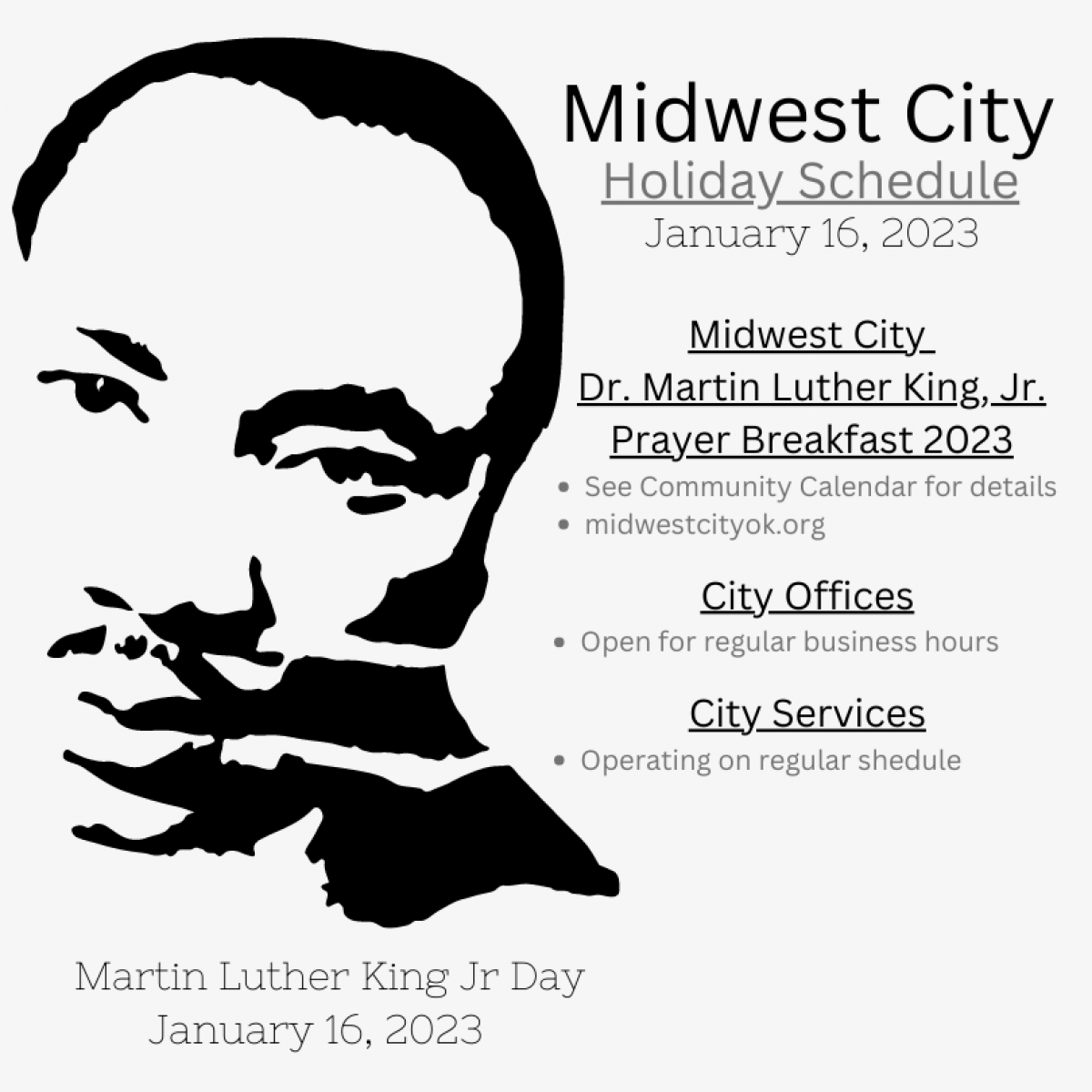 Holiday Schedule Martin Luther King Jr Day 2023 Midwest City Oklahoma holiday-schedule-martin-luther-king-jr-day-2023-midwest-city-oklahoma